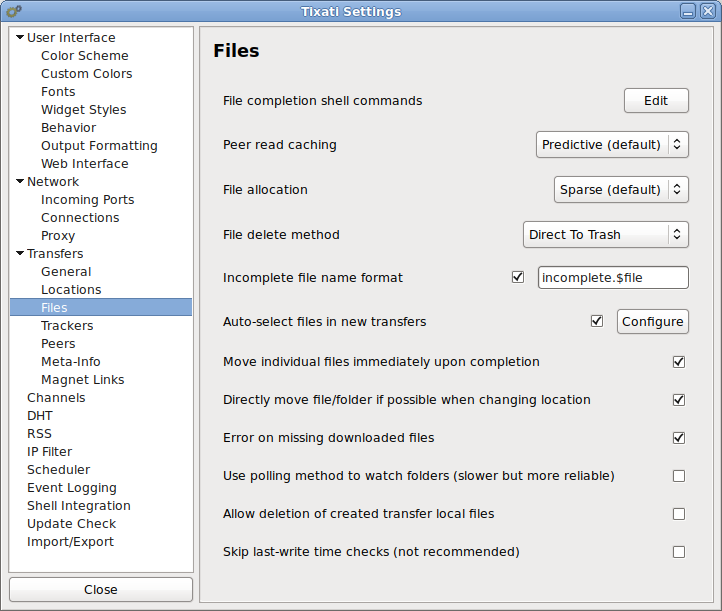 Settings - Transfers - Files - Tixati